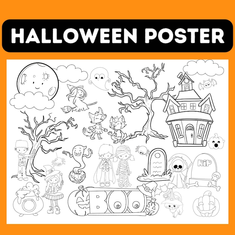 Halloween Themed Digital Coloring Poster for Kids, Printable Halloween ...