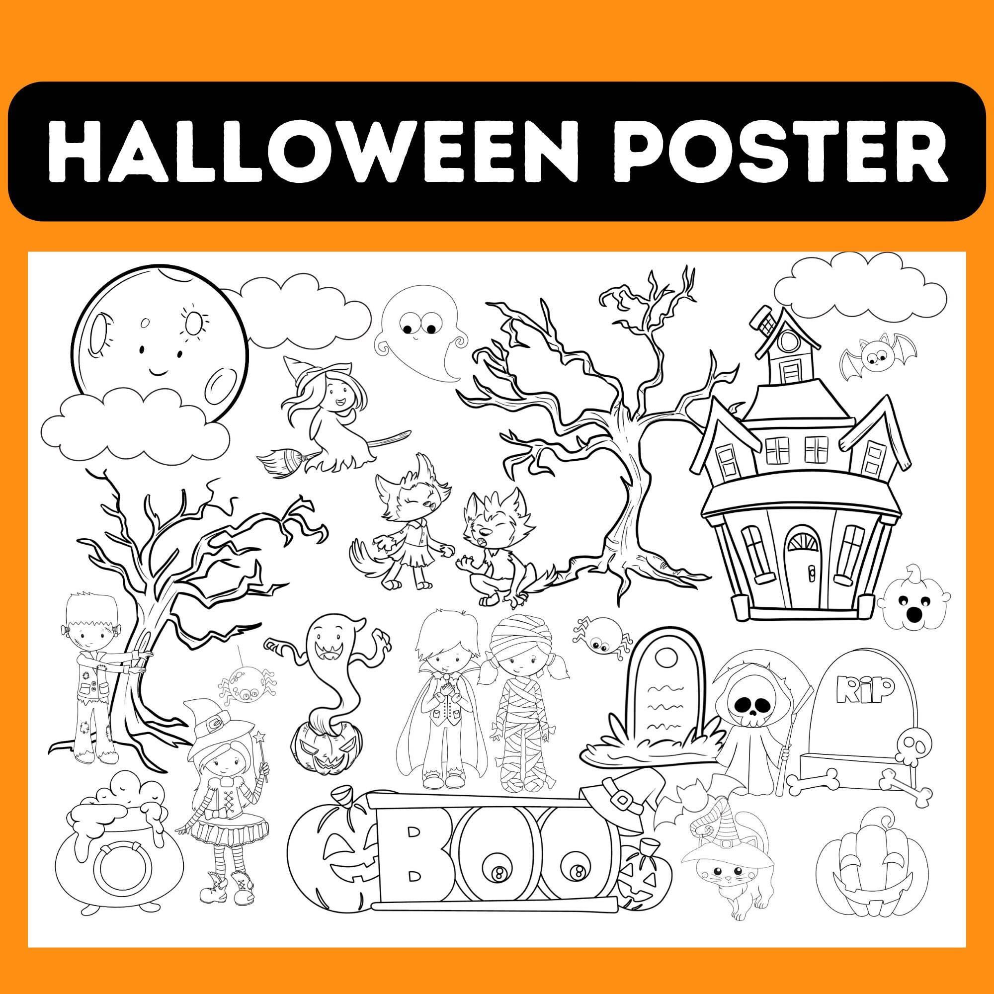 Halloween Themed Digital Coloring Poster for Kids, Printable Halloween ...