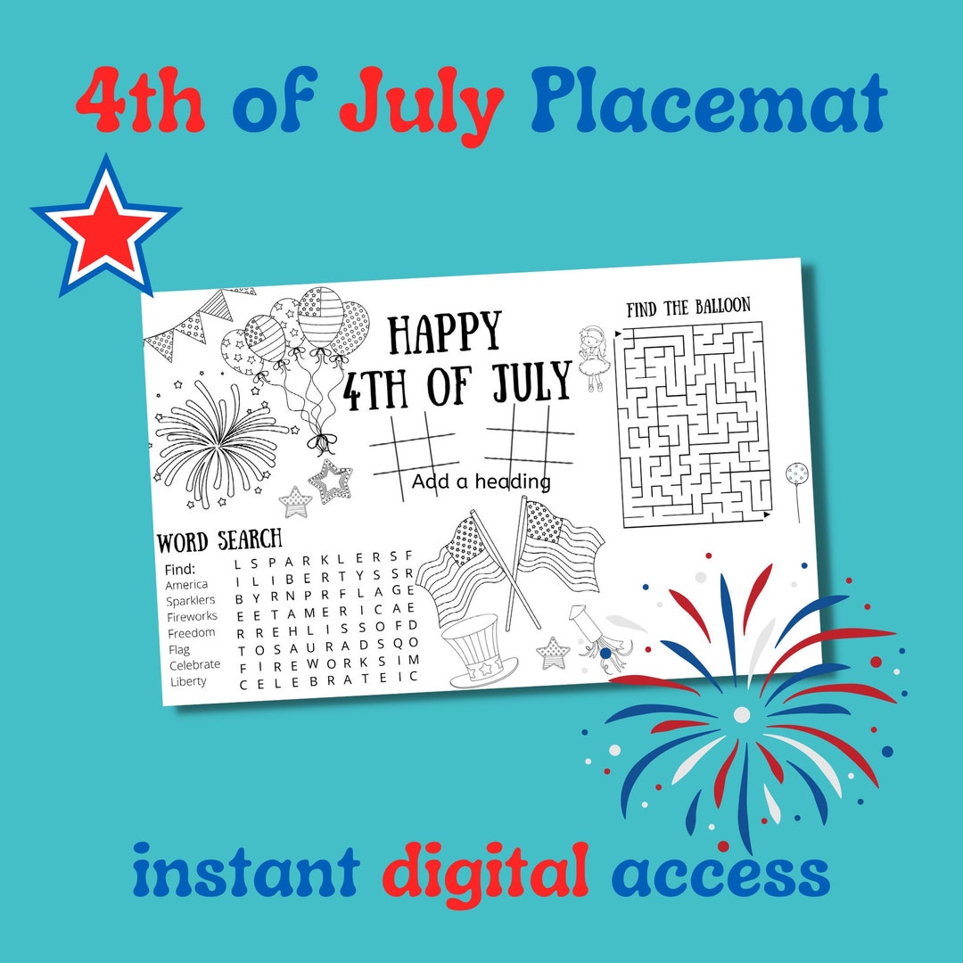 4th of July Kids Printable Coloring and Activity Placemat, Independence ...