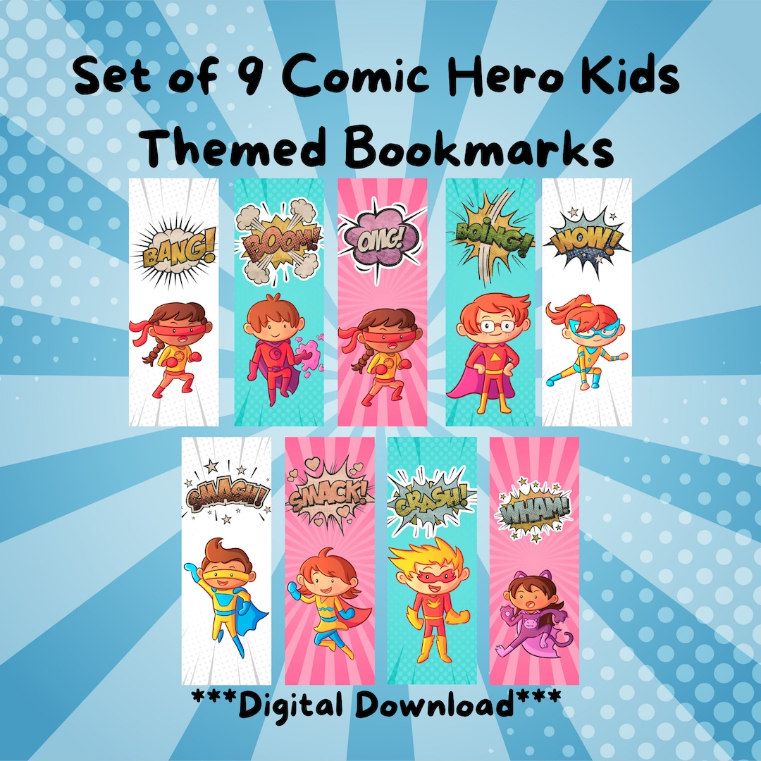 Set of 9 Comic Kids Bookmarks, Super Hero Themed Bookmarks, Digital ...