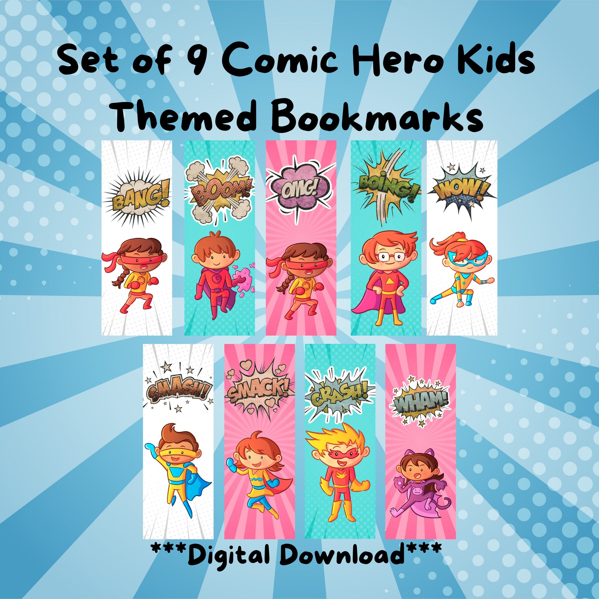 Set of 9 Comic Kids Bookmarks, Super Hero Themed Bookmarks, Digital ...