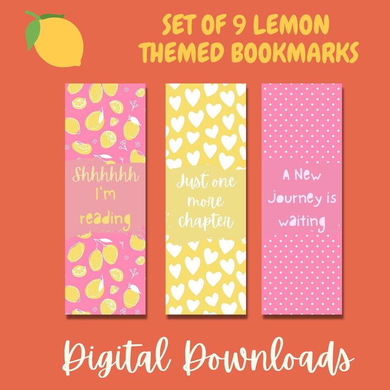 Set of 9 Lemonade Themed Bookmarks, Printable Bookmarks, Lemon Themed ...