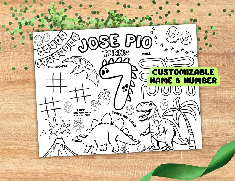 Dinosaur Printable Placemat, Dino Coloring Page, Custom Dino Party ...