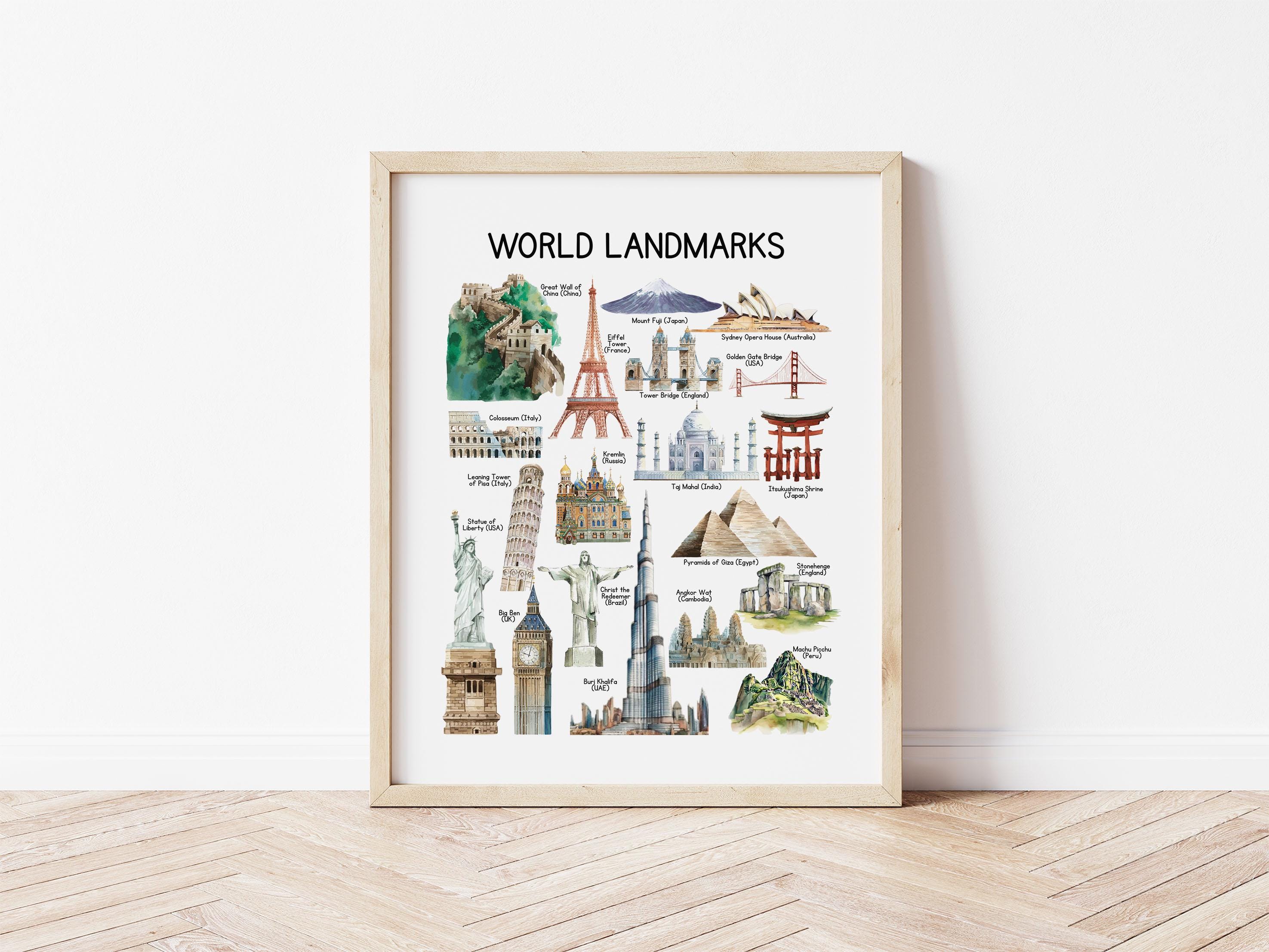 Printable World Landmarks Educational Poster, World Map Digital ...