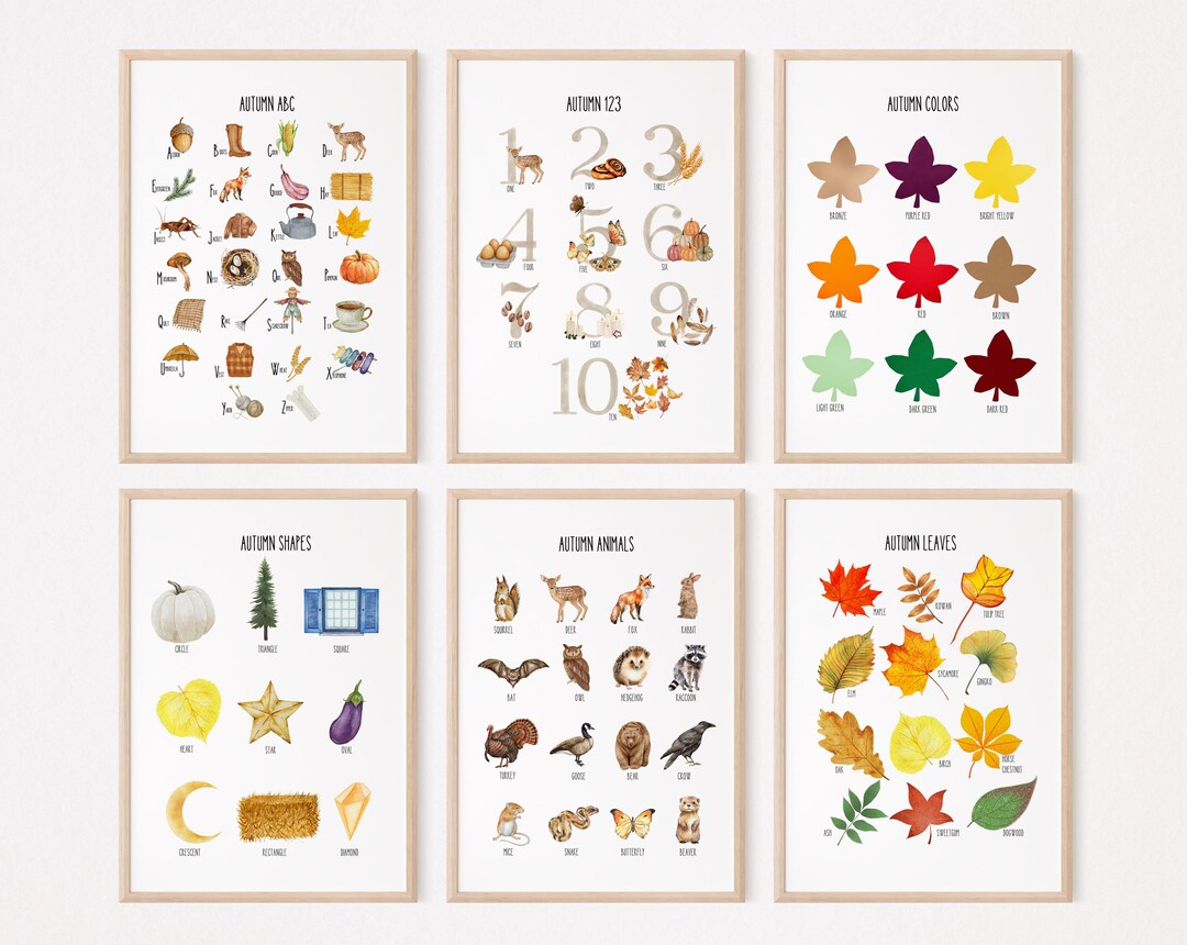 Set of 6 Fall Autumn Educational Poster Bundle, Autumn Alphabet Chart ...