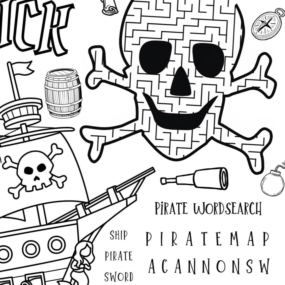 Pirate Coloring Placemat, Pirate Party Favor, Pirate Activity Placemat ...