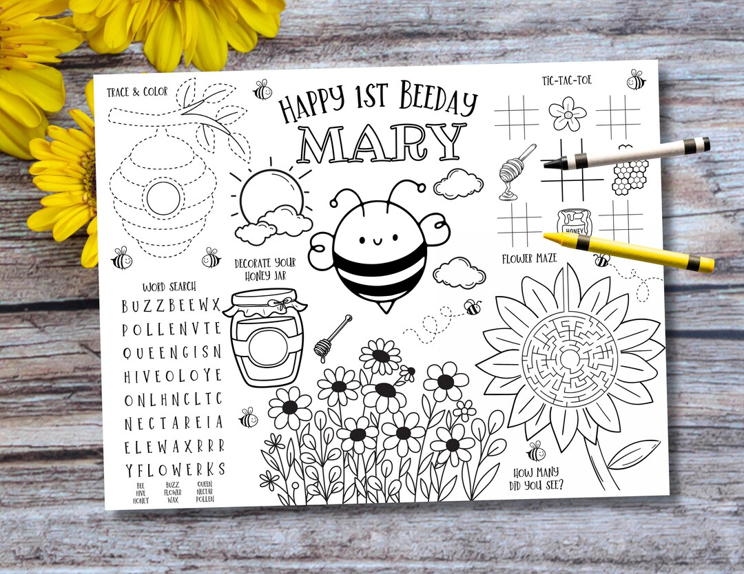Bee Coloring Placemat, Honey Bee Activity Page, Bee Party Games, Bee ...