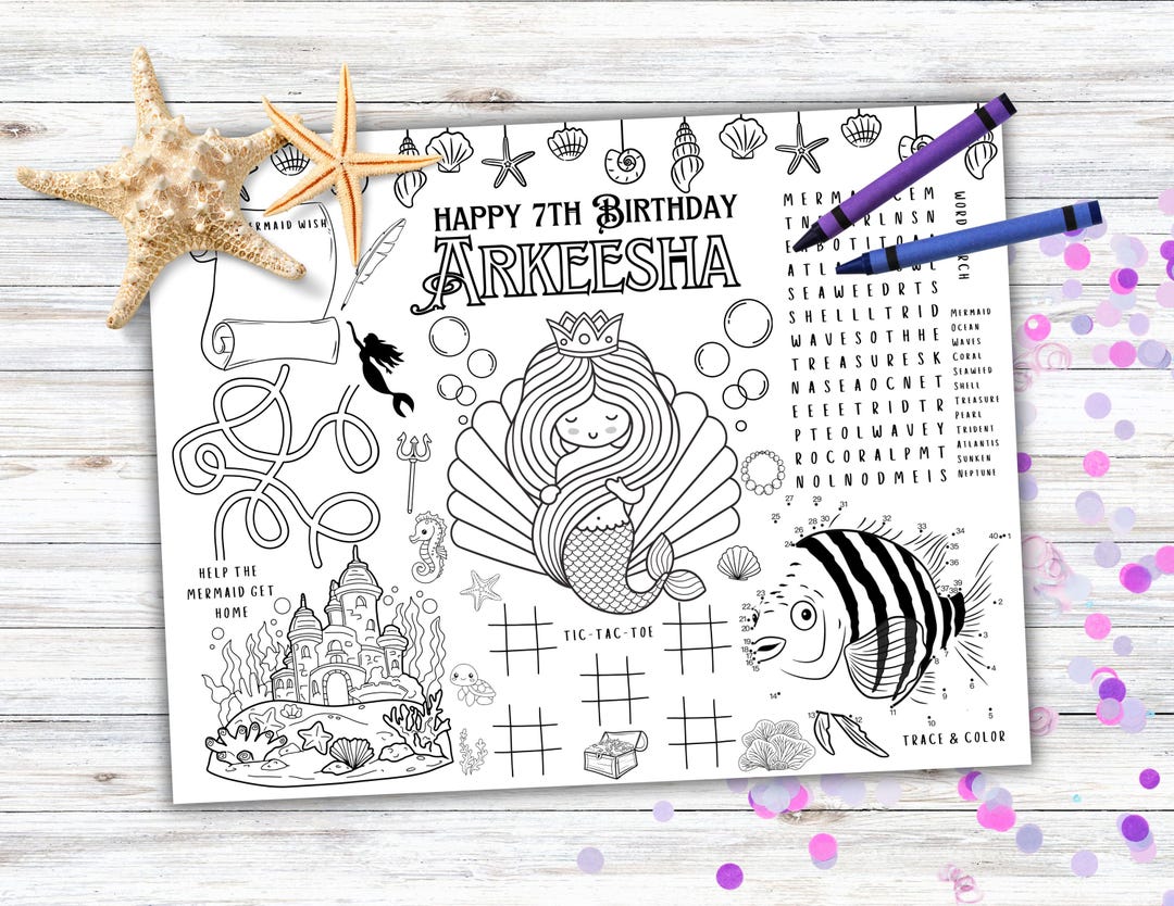 Mermaid Coloring Placemat, Under the Sea Birthday Coloring Page, Little ...