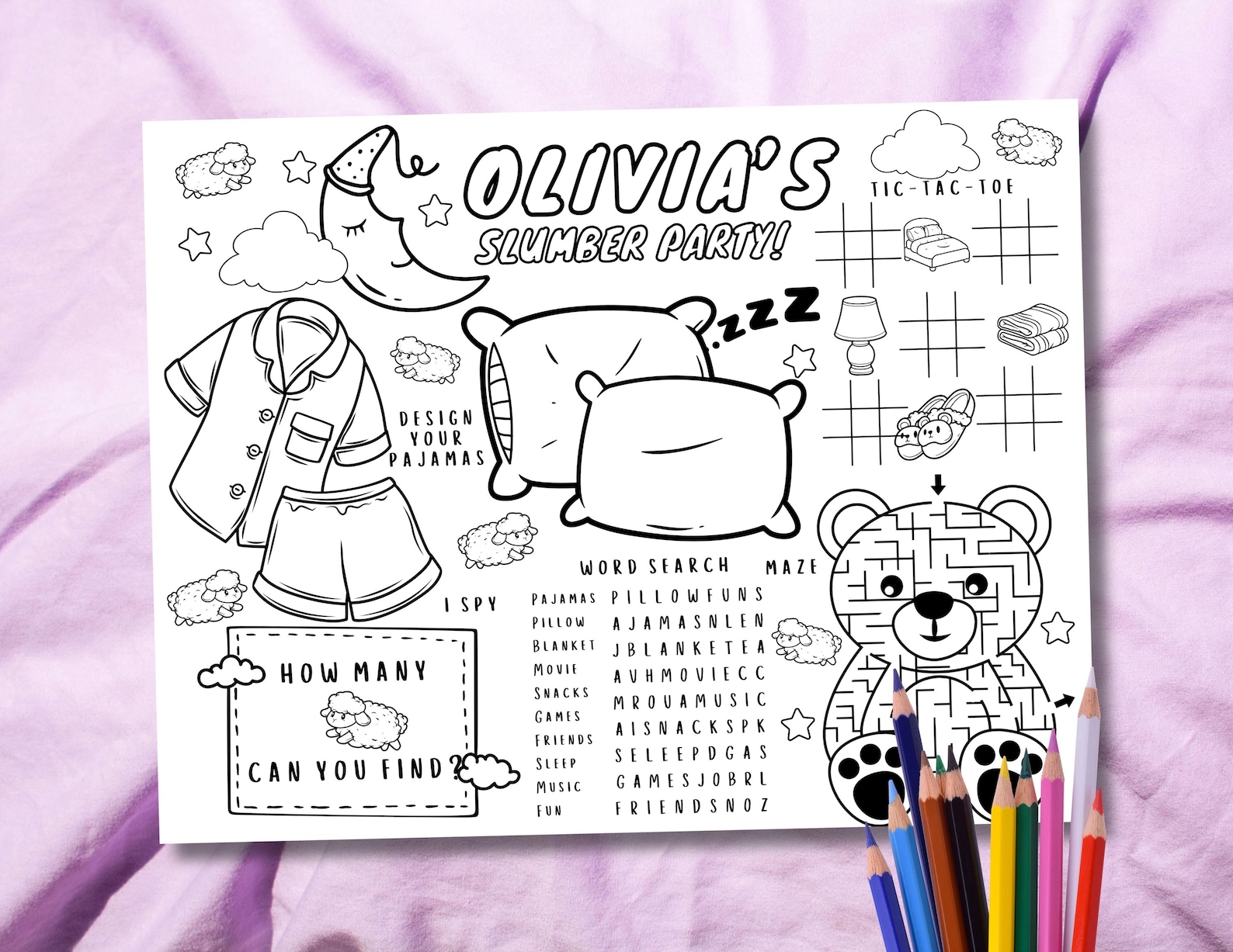 Pajama Party Coloring Placemat, Slumber Party Activity Sheet, Sleepover ...