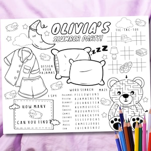 Pajama Party Coloring Placemat, Slumber Party Activity Sheet, Sleepover ...