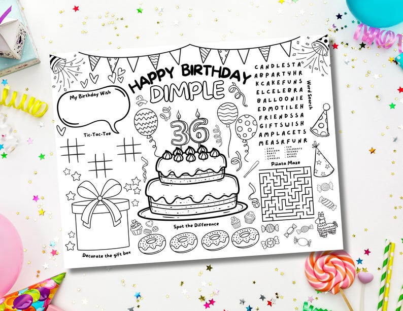 Personalized Printable Any Age Birthday Coloring Placemat, Birthday ...