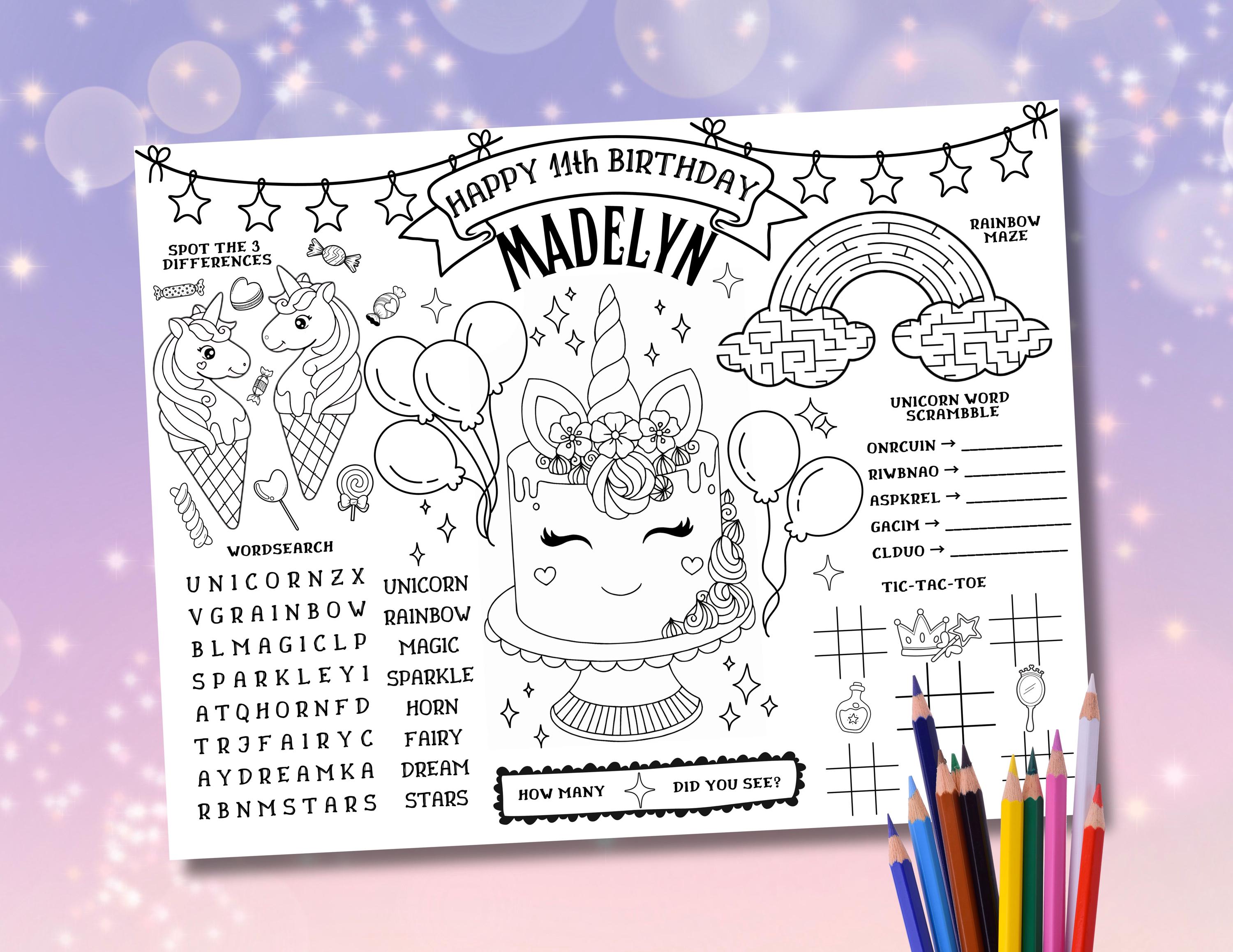 Editable Unicorn Coloring Placemat, Unicorn Party Activity, Unicorn ...