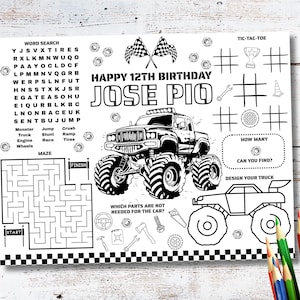 Editable Monster Truck Party Placemat, Monster Truck Birthday Coloring ...