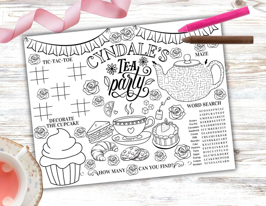 Tea Party Coloring Placemat, High Tea Birthday Activity, Printable Par ...