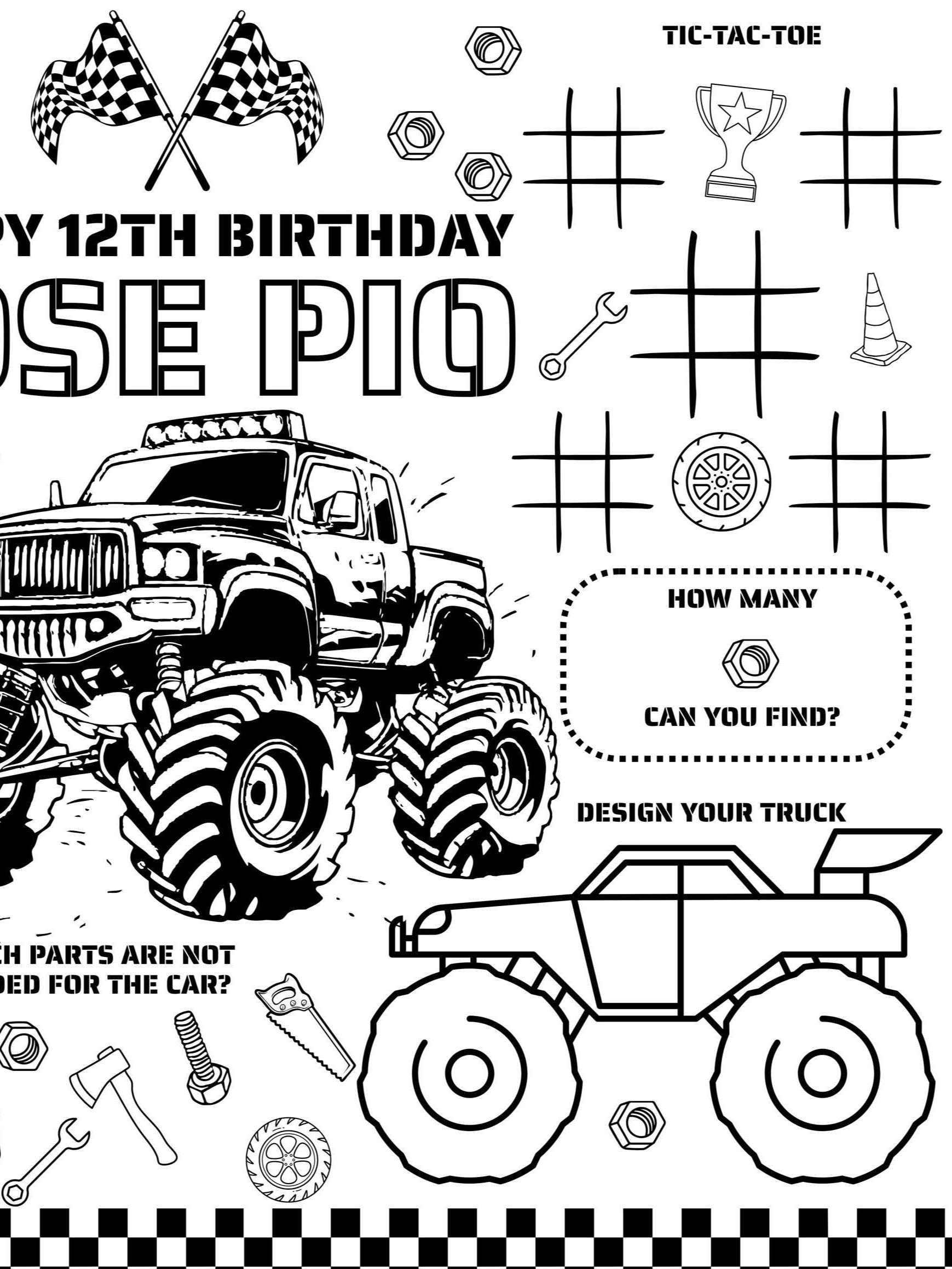Editable Monster Truck Party Placemat, Monster Truck Birthday Coloring ...