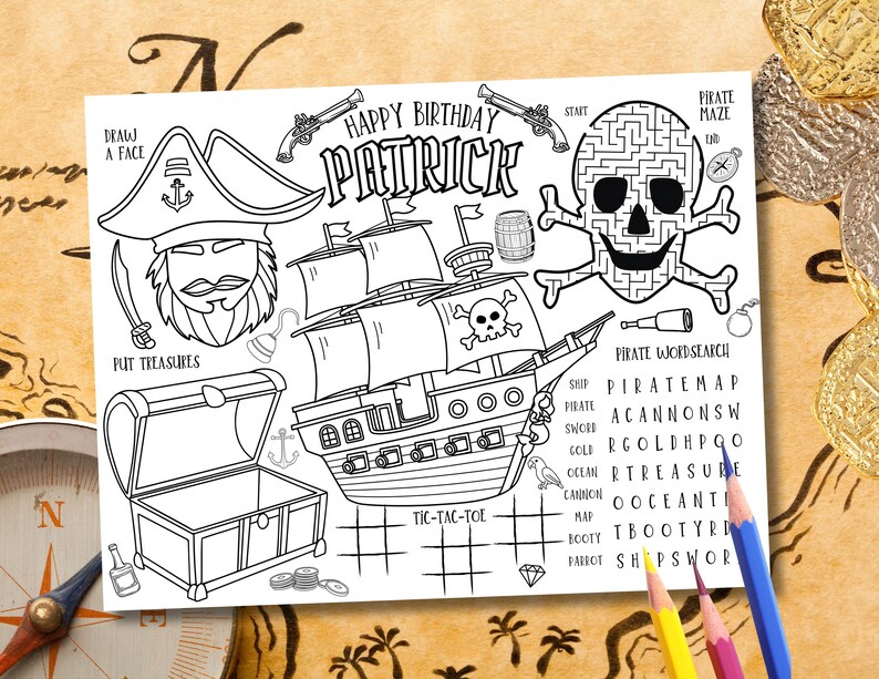 Pirate Coloring Placemat, Pirate Party Favor, Pirate Activity Placemat ...