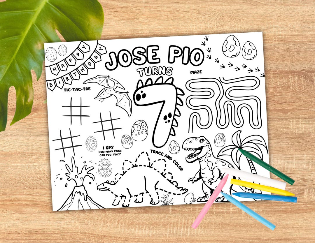 Dinosaur Printable Placemat, Dino Coloring Page, Custom Dino Party ...