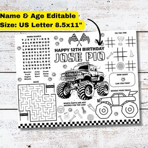 Editable Monster Truck Party Placemat, Monster Truck Birthday Coloring ...