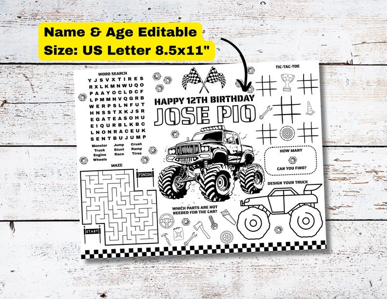 Editable Monster Truck Party Placemat, Monster Truck Birthday Coloring ...