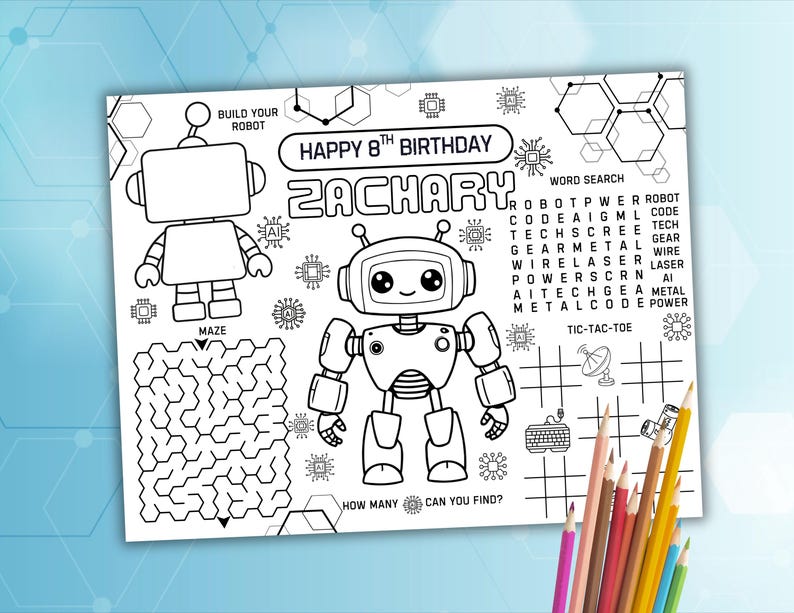 Robots Activity Sheet, Robot Coloring Placemat, Party Activity Sheet ...