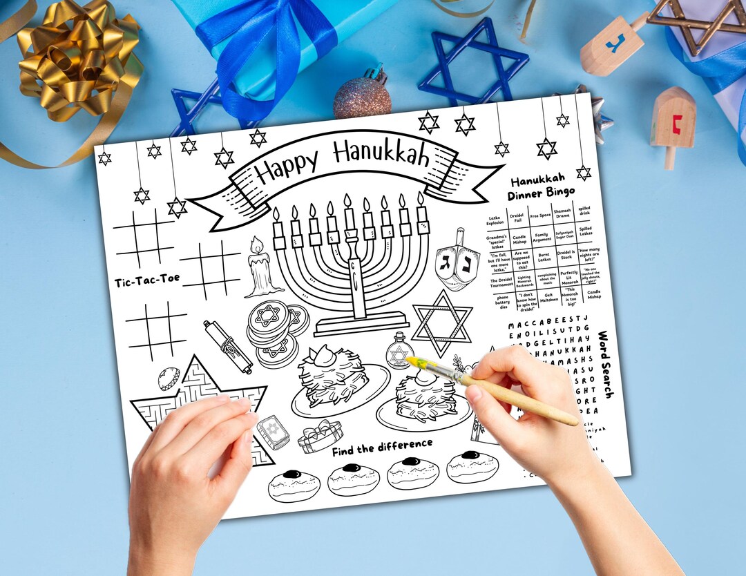Happy Hanukkah Printable Coloring Placemat, Jewish Holiday Activity ...