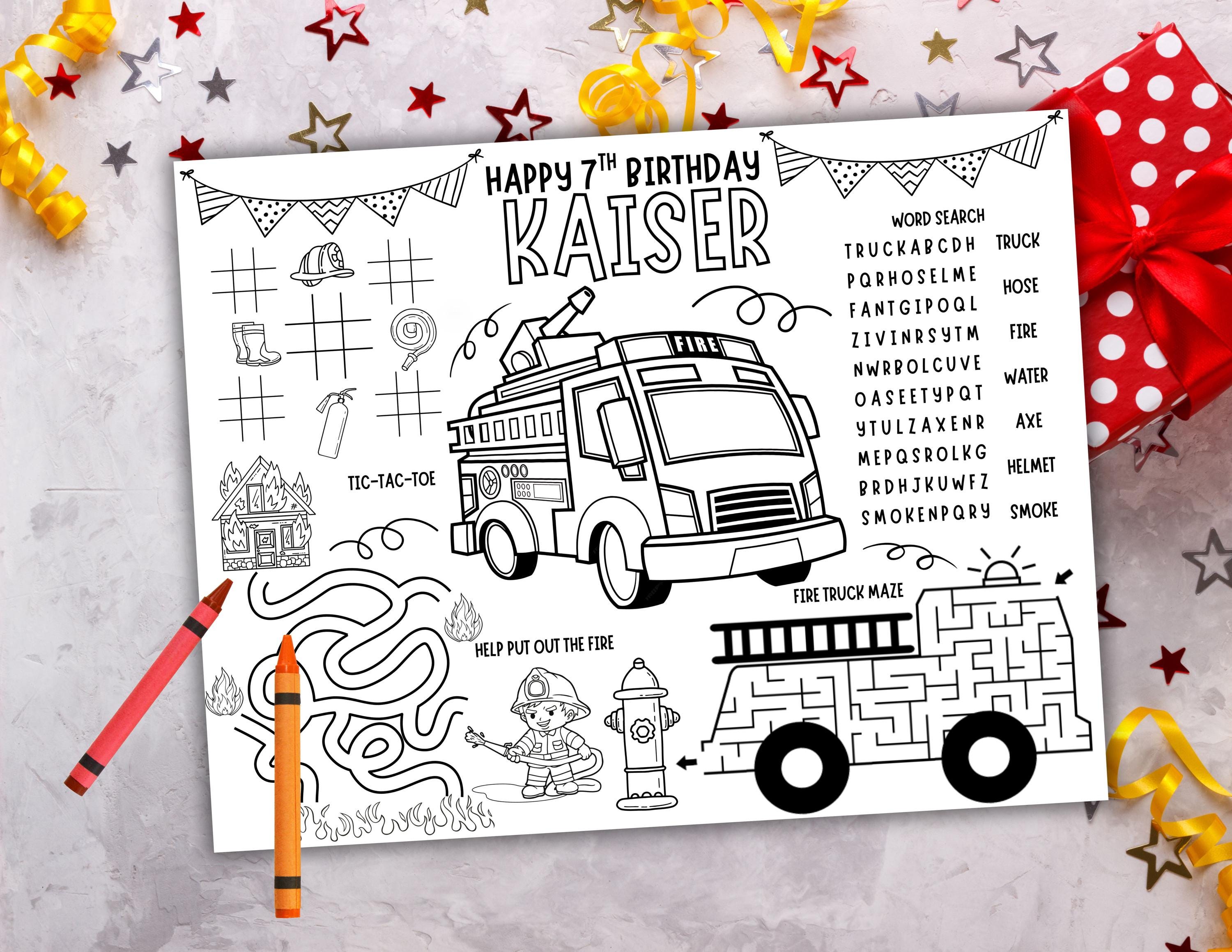 Printable Firefighter Activity Placemat, Firetruck Birthday Coloring ...