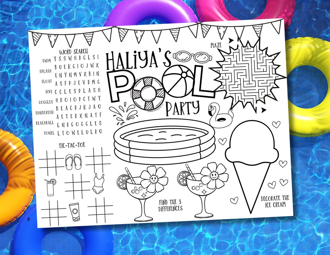 Pool Party Activity Sheet, Summer Birthday Party Favor, Kids Pool Party ...