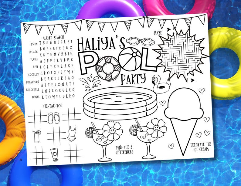 Pool Party Activity Sheet, Summer Birthday Party Favor, Kids Pool Party ...