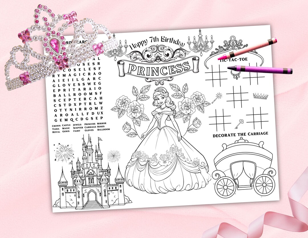Princess Coloring Placemat, Personalized Fairytale Party Activity, Kids ...