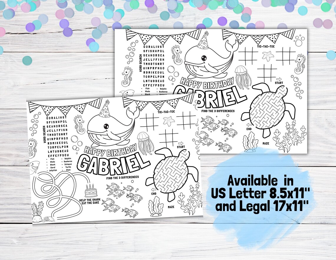 Under the Sea Birthday Party Placemat, Ocean Animal Coloring, Sea ...