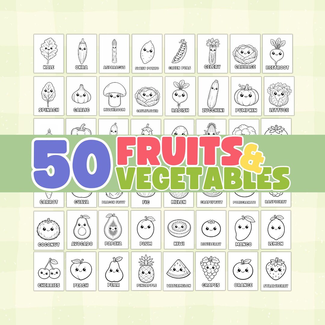 50 Fruits and Vegetables Coloring Pages, Fruits Coloring Book ...