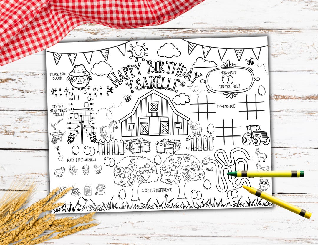 Farm Animals Coloring Placemat, Printable Kids Barn Farm Animals ...