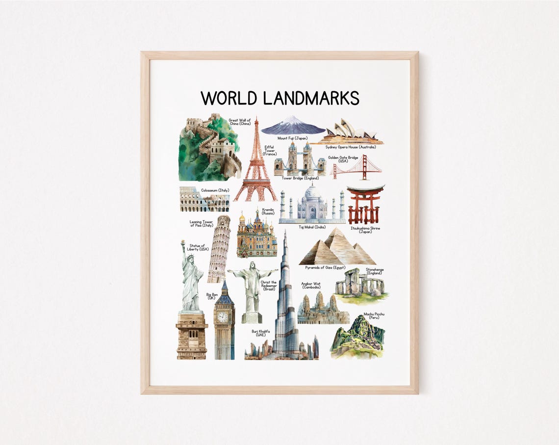Printable World Landmarks Educational Poster, World Map Digital ...