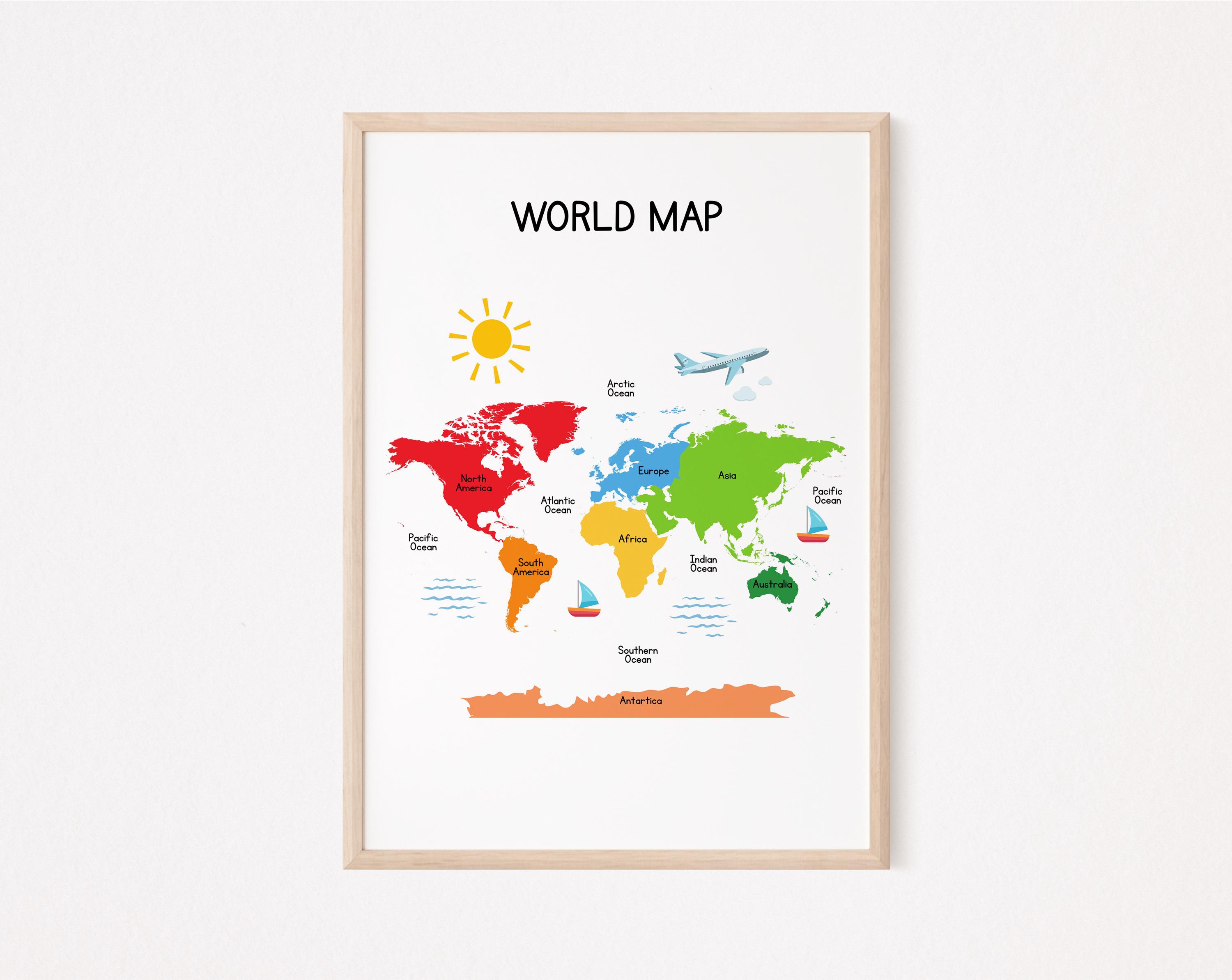 Printable Kids World Map, Continents Oceans Educational Chart, World ...