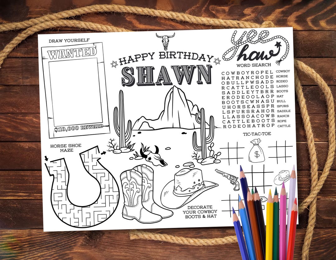 Cowboy Activity Placemat, Cowboy Rodeo Party Games, Cowgirl Coloring ...