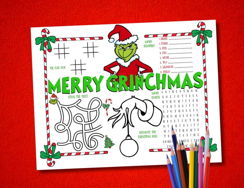 Printable Grinch Activity Placemat, Grinch Coloring Page, Grinchmas ...