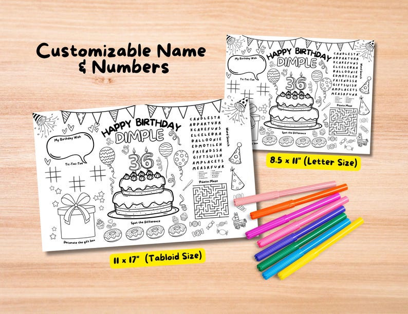 Personalized Printable Any Age Birthday Coloring Placemat, Birthday ...