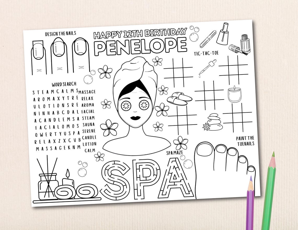 Personalized Spa Coloring Placemat, Spa Party Activity, Spa Birthday ...