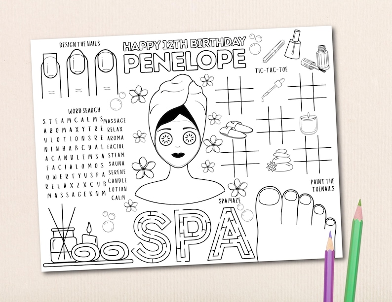 Personalized Spa Coloring Placemat, Spa Party Activity, Spa Birthday ...
