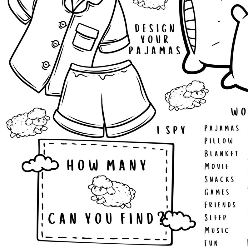 Pajama Party Coloring Placemat, Slumber Party Activity Sheet, Sleepover ...