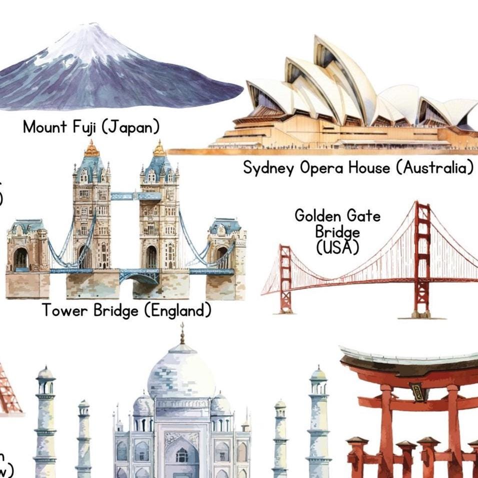 Printable World Landmarks Educational Poster, World Map Digital ...