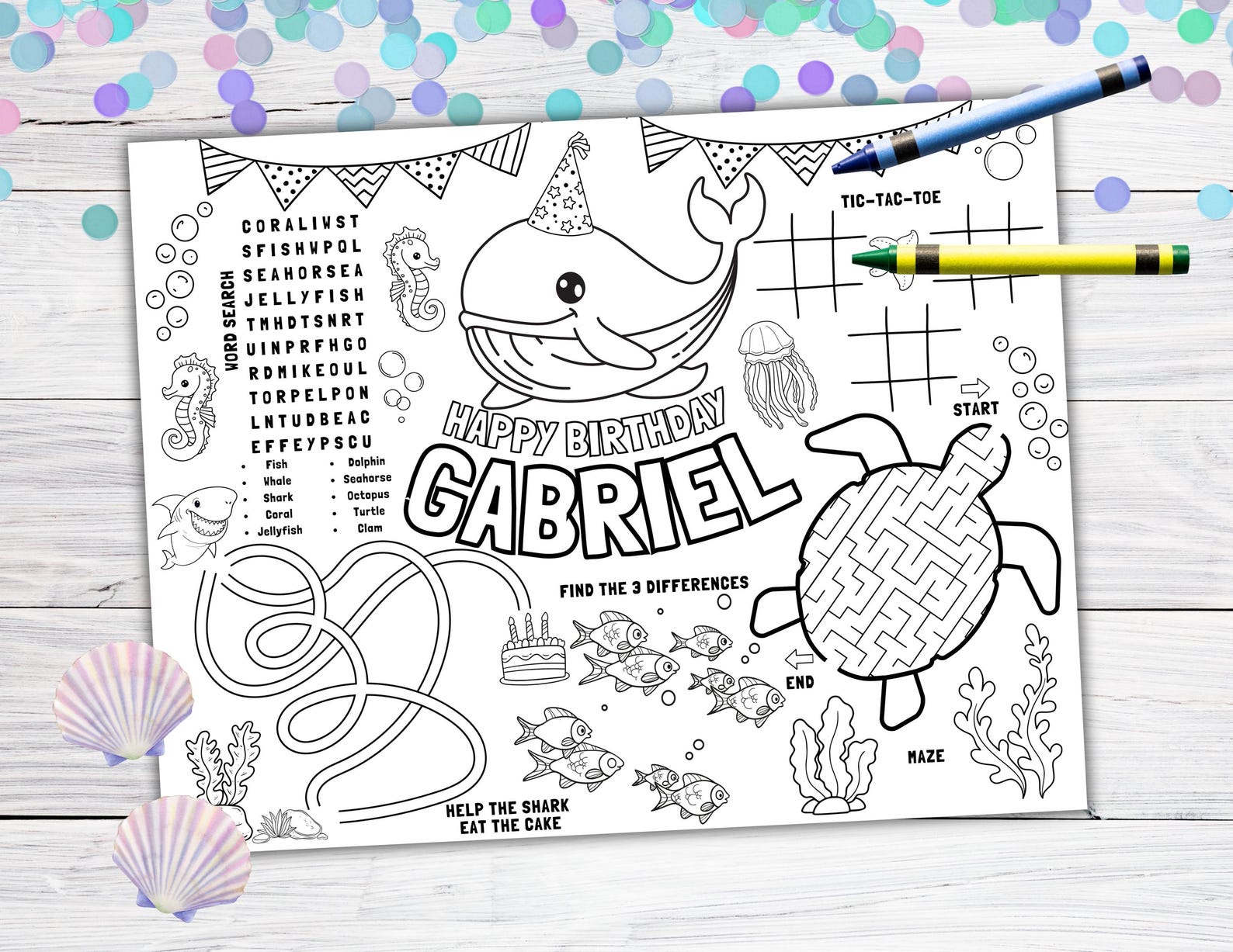 Under the Sea Birthday Party Placemat, Ocean Animal Coloring, Sea ...