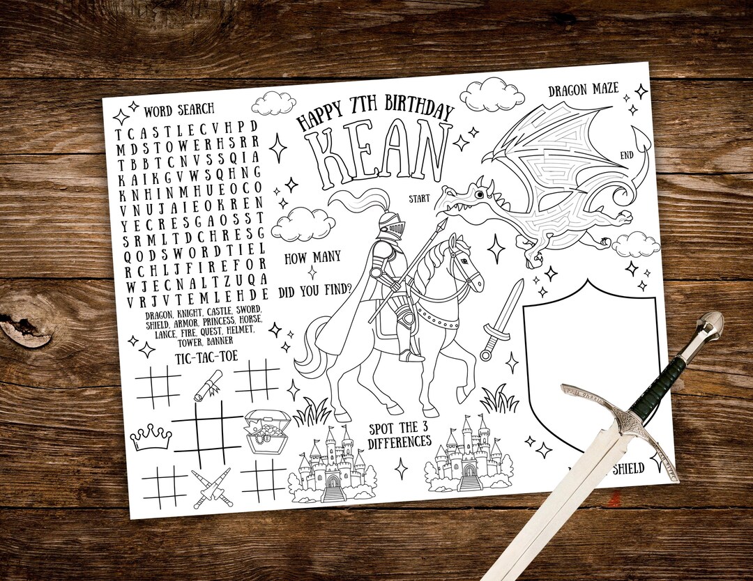 Dragon & Knight Activity Sheet, Medieval Party Placemat, Magical Dragon ...