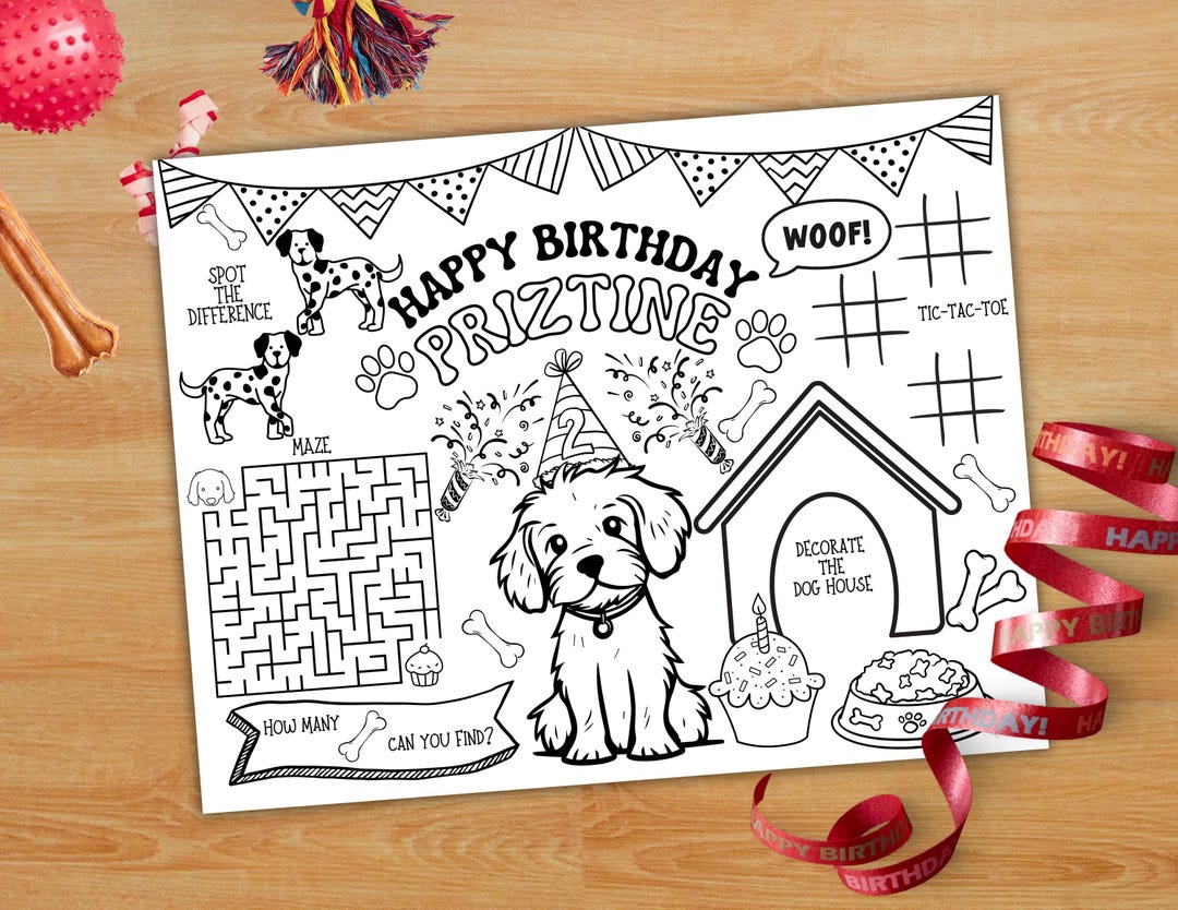 Puppy Party Activity Placemat, Printable Birthday Coloring Page, Puppy ...