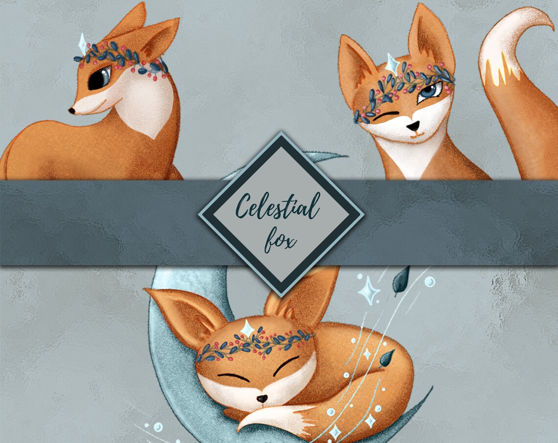 Kawaii Fox Clipart, Baby Blue Clipart, Celestial Clip Art, Magical Fox ...