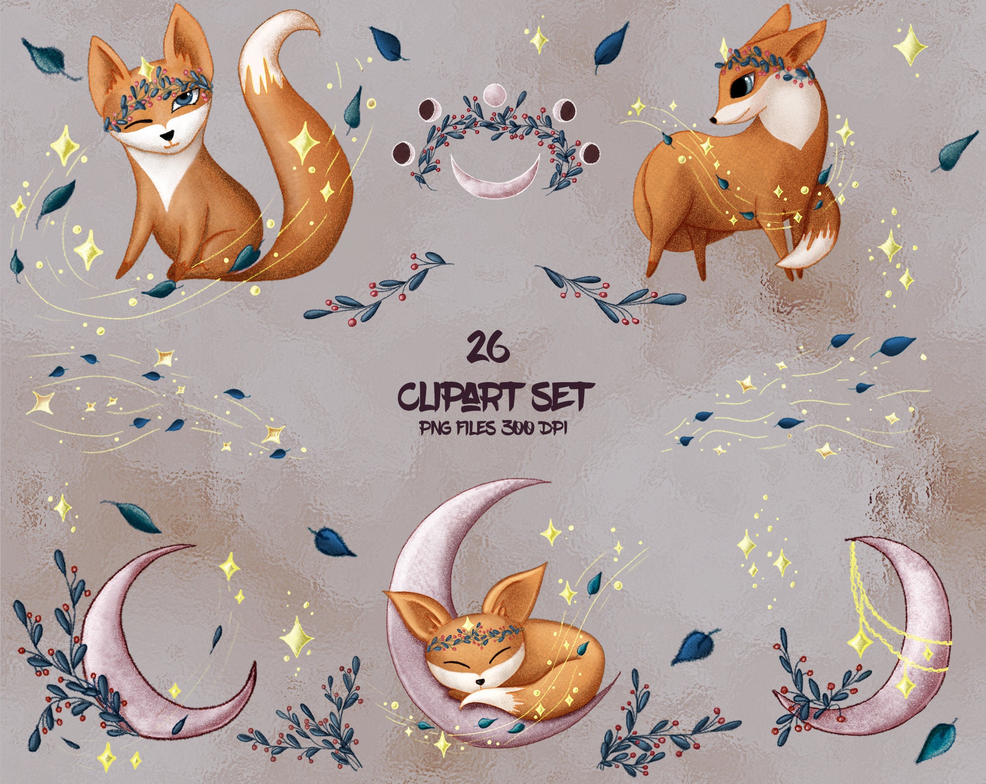 Celestial Fox Clipart Botanical Clipart Fox Illustration - Etsy