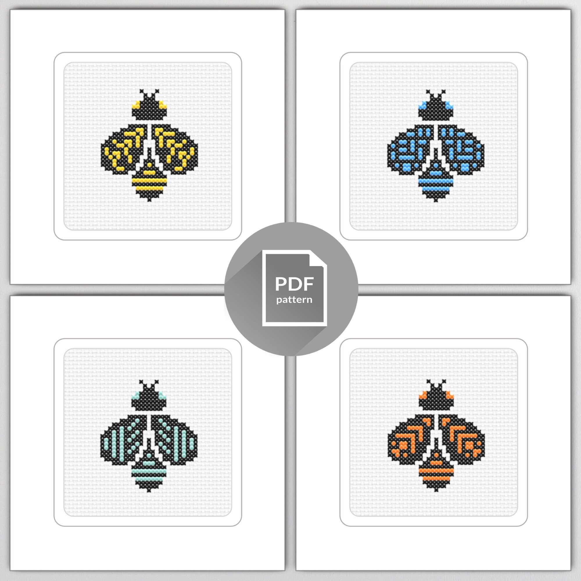 Small Bee Cross Stitch Pattern, Bumble Bee Cross Stitch, Set of 4 Tiny ...