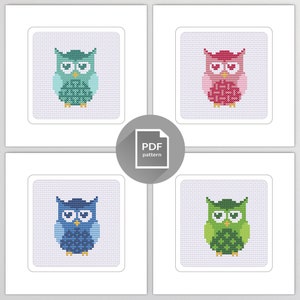 4 Mini Owl Cross Stitch Patterns in Blue, Pink, Green, and Turquoise - Etsy