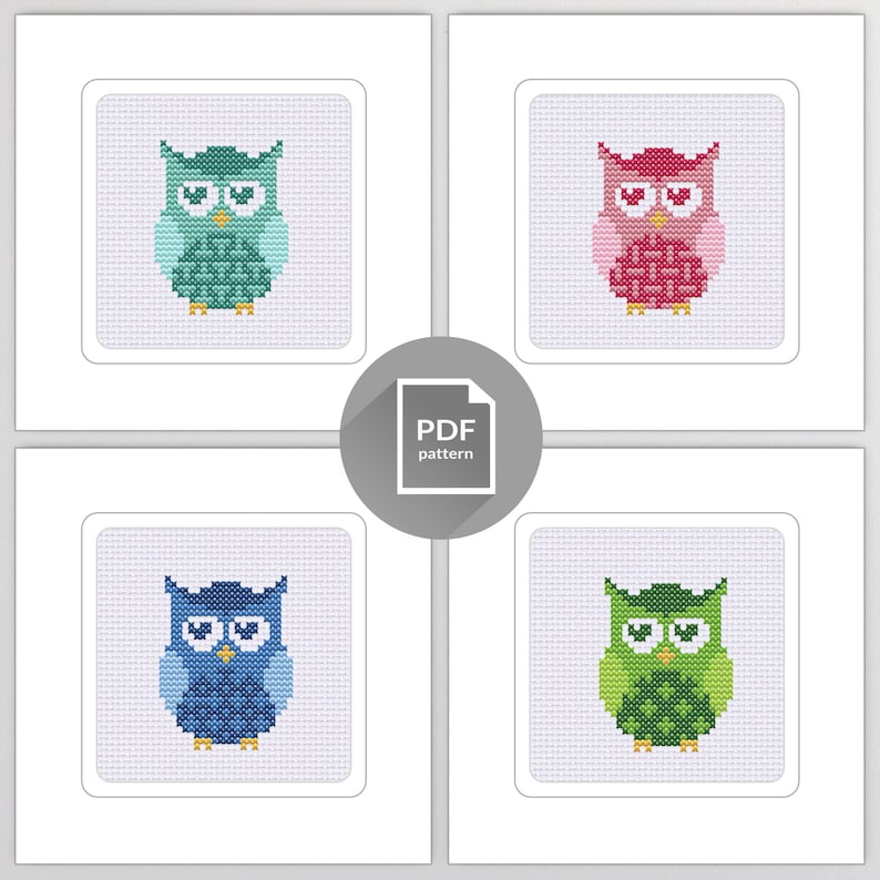 4 Mini Owl Cross Stitch Patterns in Blue, Pink, Green, and Turquoise - Etsy