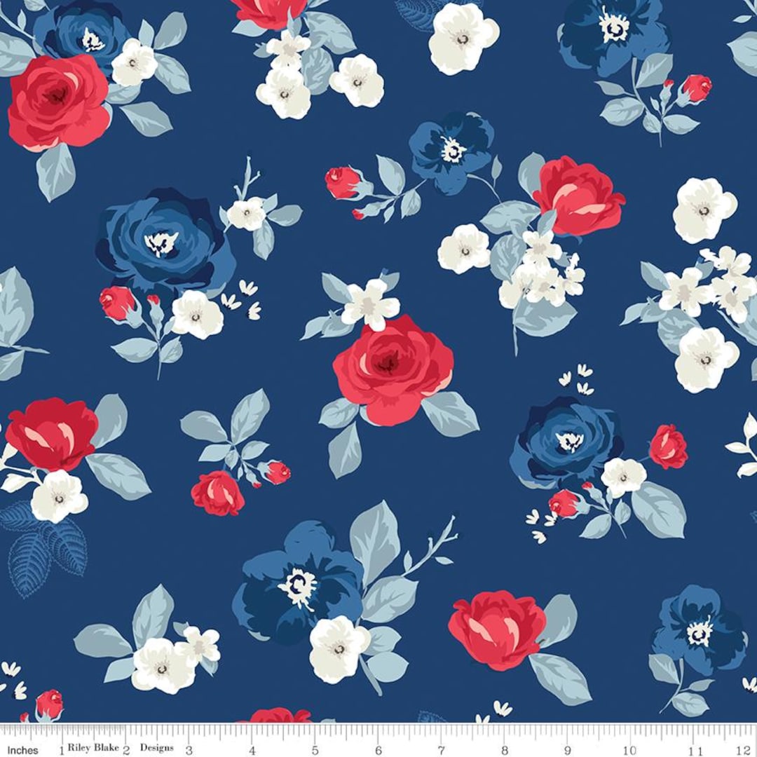 LAND OF LIBERTY - Floral Main - Navy by My Mind's Eye for Riley Blake ...